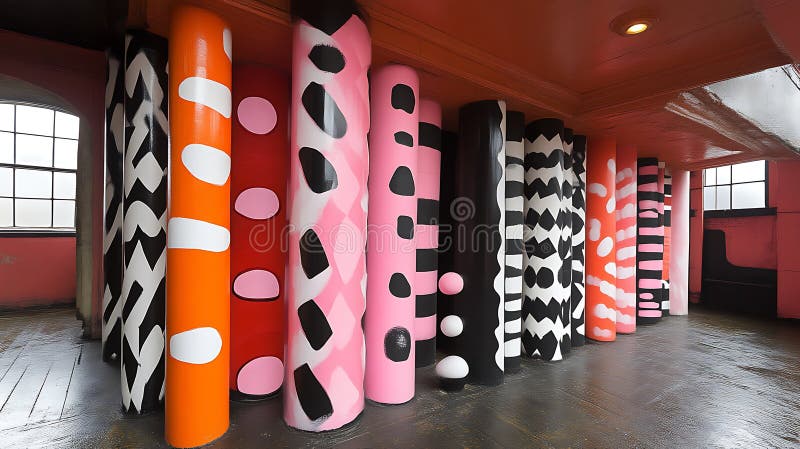 Colorful Cylindrical Columns Decorated with Abstract Designs Stock ...