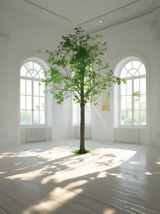 Indoor Art Installation, Lone Tree in Empty White Room, Sunlight ...