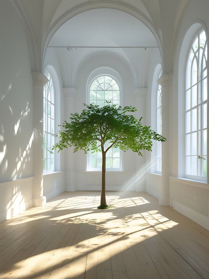 Indoor Art Installation, Lone Tree in Empty White Room, Sunlight ...