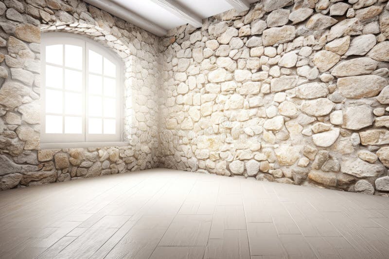 Indoor Background Scenario with Tile Floor White Stones Wall and Window ...