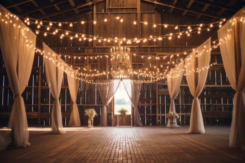 Indoor Barn Wedding with String Lighting To Celebrate Marriage in a ...