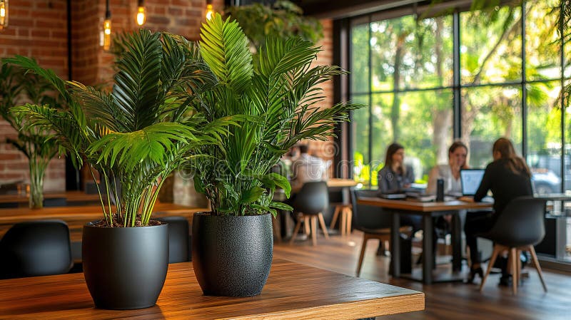 Indoor Cafe with Greenery, People Working at Tables, Large Windows ...