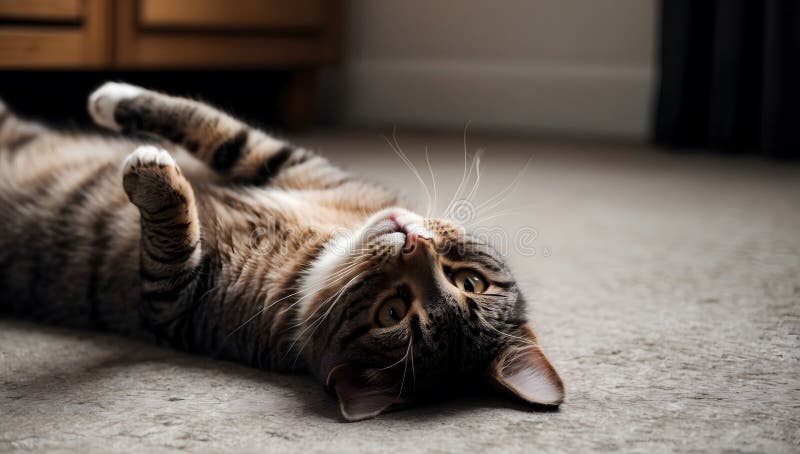 Indoor Cat Laying on Its Back and Looking Up at the Camera Stock ...