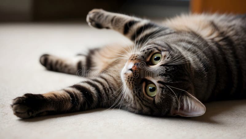 Indoor Cat Laying on Its Back and Looking Up at the Camera Stock ...