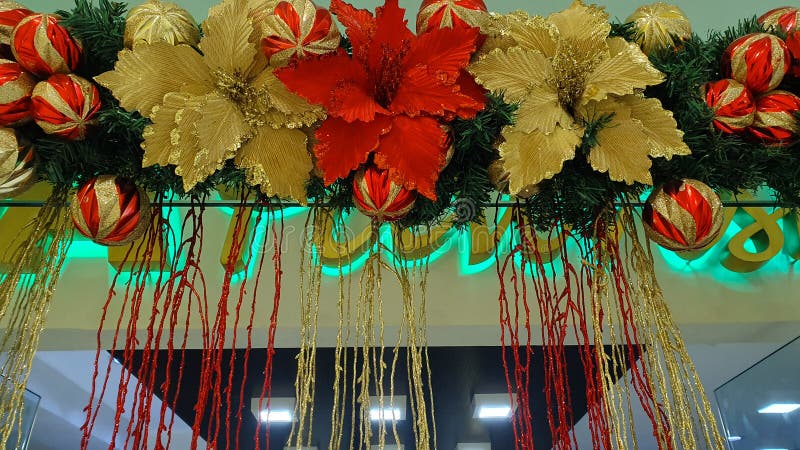 Indoor Christmas Decoration Using Flowers and Balls Stock Photo - Image ...