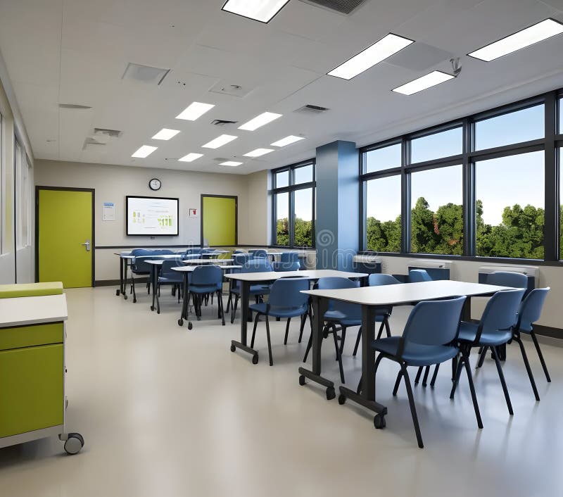 An Indoor Classroom with Tables Chairs and Large Windows with a View ...