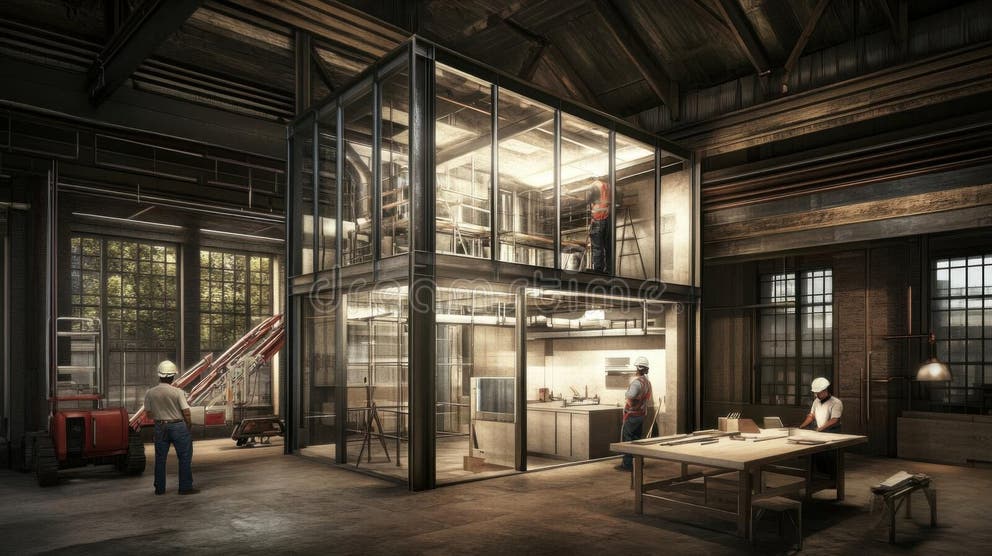 Indoor Construction Zone with Unique Glass House Structure and Laborers Stock Illustration ...