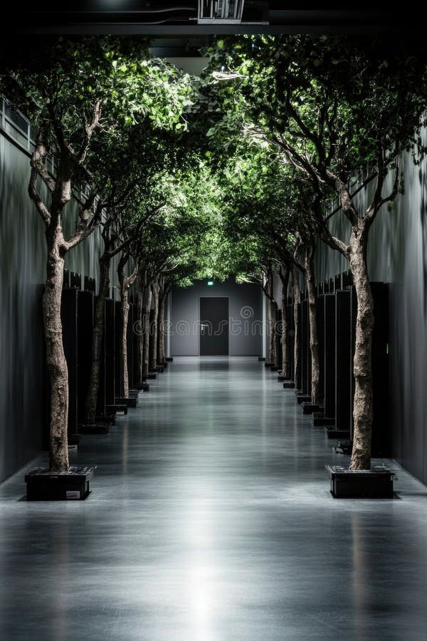 Indoor Corridor with Artificial Trees and Soft Lighting Stock Image ...