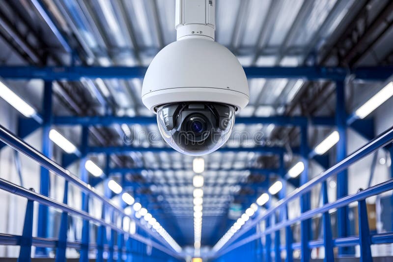 Indoor Corridor, Security Camera, Blue Railings, Metallic Ceiling ...