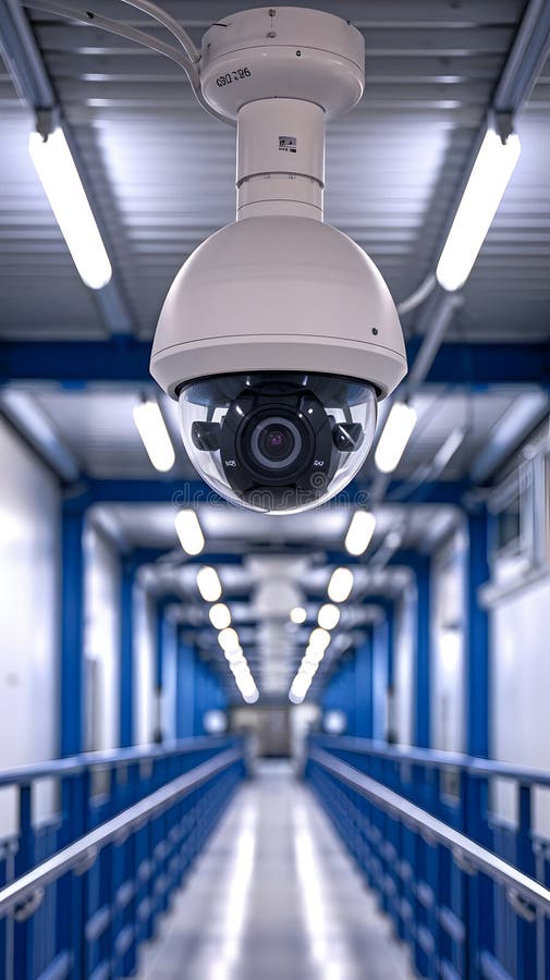 Indoor Corridor, Security Camera, Blue Railings, Metallic Ceiling ...