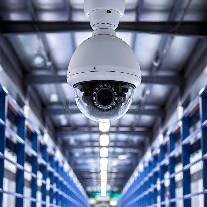Indoor Corridor, Security Camera, Blue Railings, Metallic Ceiling ...