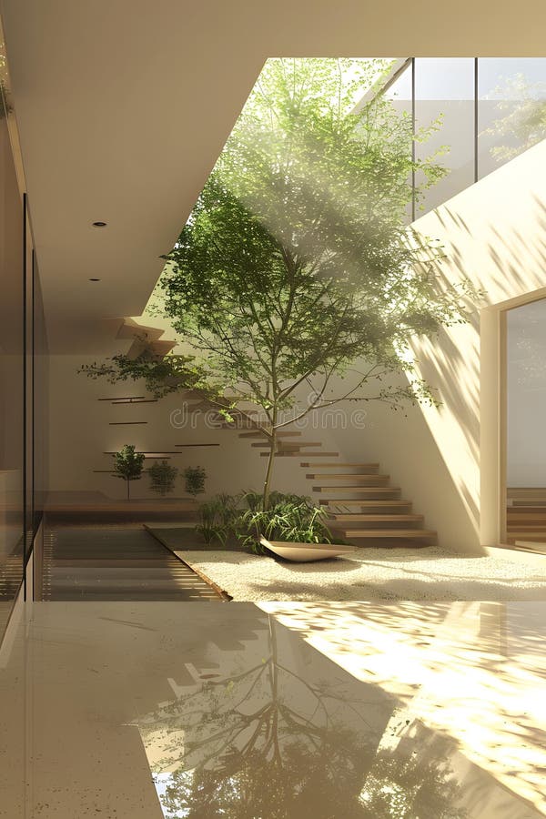 Indoor Courtyard with Tree and Stairs Generated Using AI. Stock ...