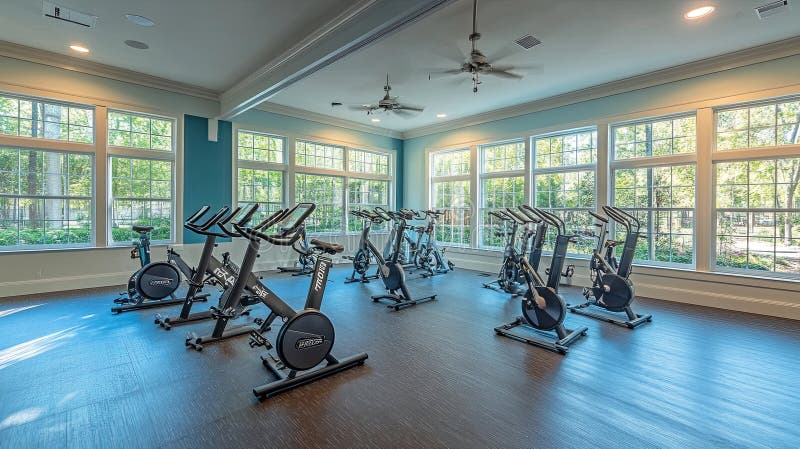 Indoor Cycling Studio with Bright Lighting and Stylish Bikes. Stock ...