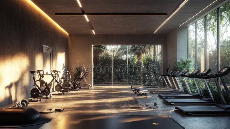 Indoor Cycling Studio with Bright Lighting and Stylish Bikes. Stock ...