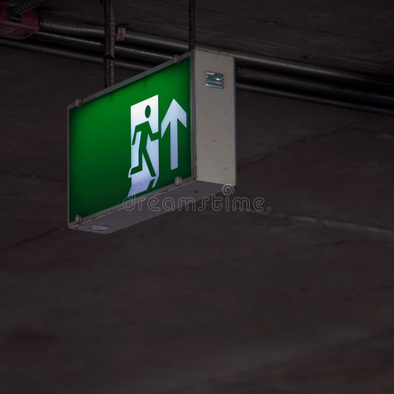 Indoor Emergency Exit Sign Under the Ceiling Stock Photo - Image of ...