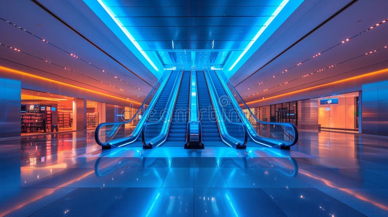 Modern Building Escalator with Blue Lights Stock Image - Image of metal ...