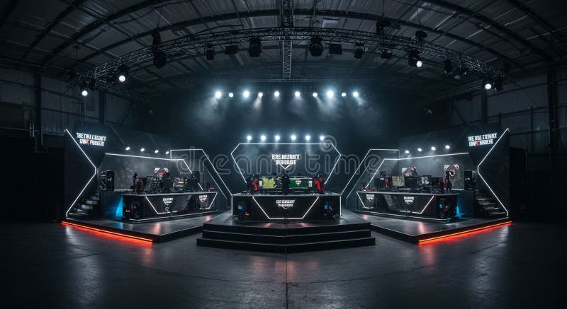 Indoor Esports Arena Featuring a Central Stage Flanked by Two Elevated ...
