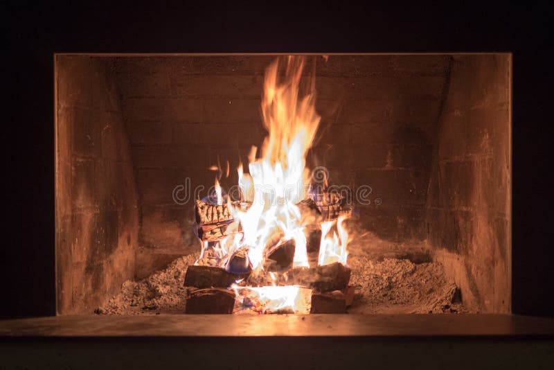 Indoor Fireplace at Night with Bright Flames Stock Image - Image of ...