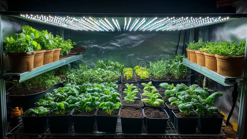 Indoor Gardening Setup with Various Seedlings Thriving Under Grow ...