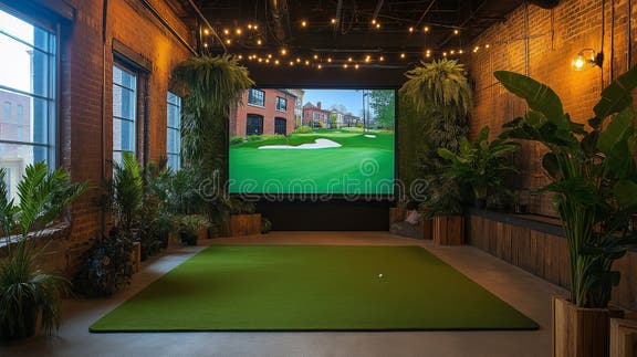 Indoor Golf Simulation Setup with Realistic Virtual Course View Stock ...