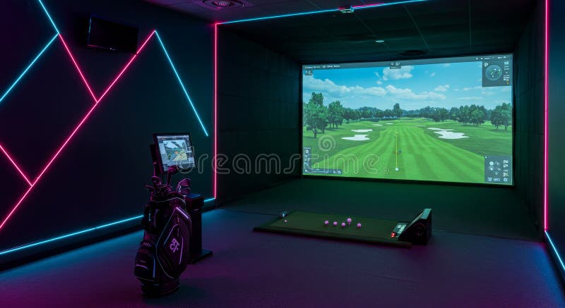 Indoor Golf Simulator Room Modern Indoor Golf Simulator Room with Neon ...