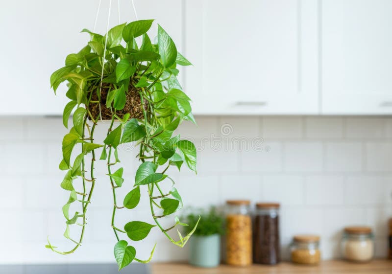 Indoor Hanging Pothos Plant in Modern Kitchen with White Subway Tile ...