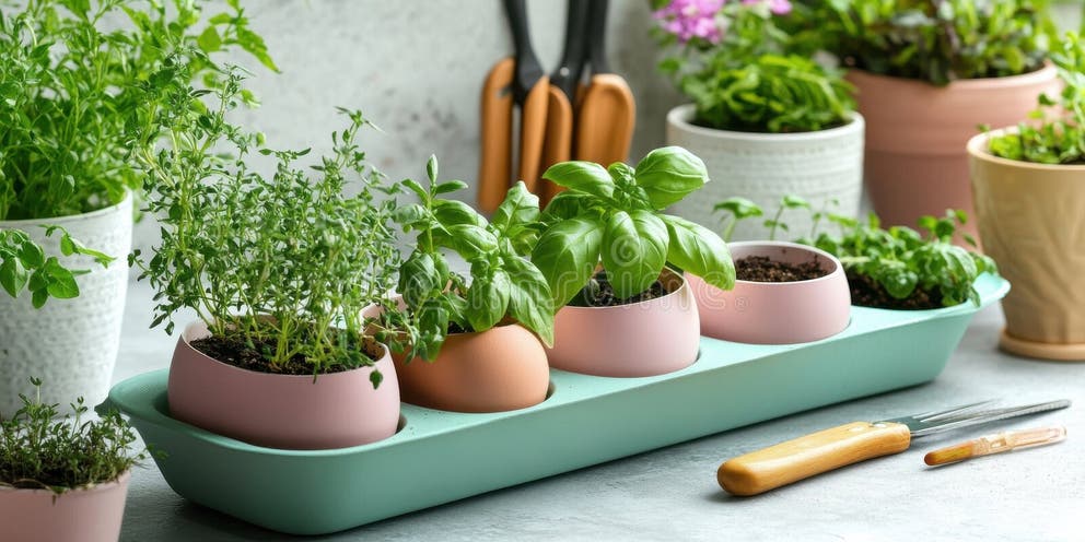 Indoor Herb Garden with Basil and Thyme in Pastel Eggshell Planters ...
