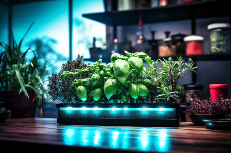 Indoor Herb Garden with Grow Lights Self Care Background Stock ...