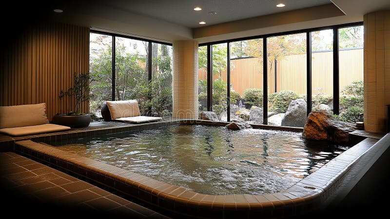 Indoor Hot Spring Spa with Large Windows Overlooking a Zen Garden Stock ...