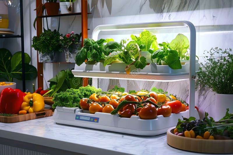 Indoor Hydroponic Garden with Fresh Vegetables and Herbs Growing Under ...