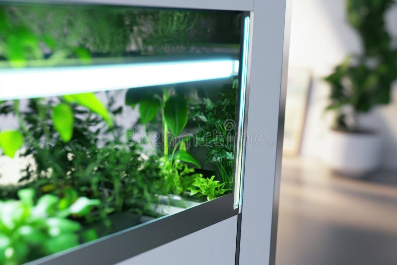 Indoor Hydroponic Garden with LED Lights and Fresh Green Plants Growing ...