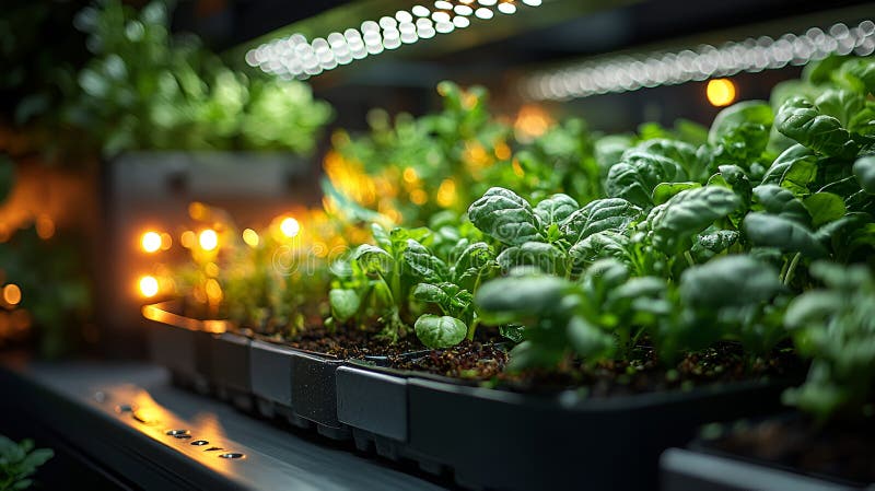 Indoor Hydroponic Spinach Seedlings Grow Under LED Lights Stock Photo ...