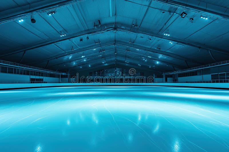 Indoor Ice Skating Rink with Illuminated Blue Lighting and Smooth ...