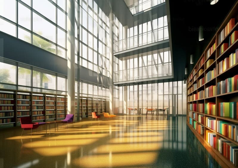 Indoor or Interior Modern Library with Generative AI Stock Illustration ...