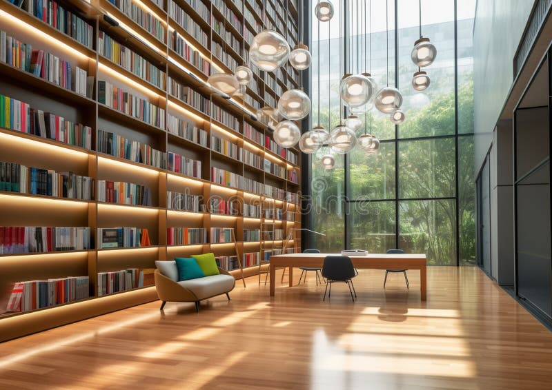 Indoor or Interior Modern Library with Generative AI Stock Illustration ...