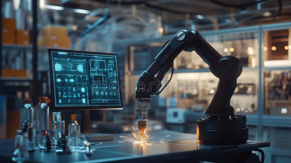 Indoor Manufacturing Environment with Robotic Arm and Sparks Stock ...