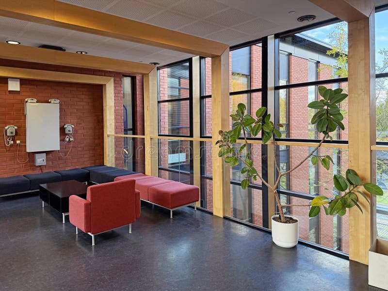 Indoor Office Background. Lobby Interior with Loft Wall, Sofa, Table ...