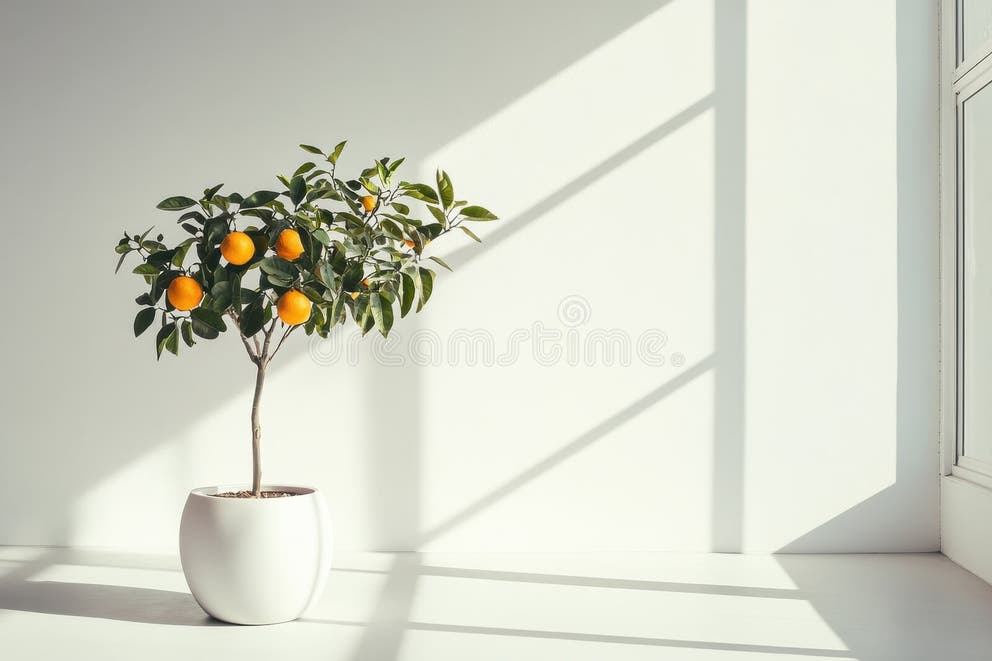 Indoor Orange Tree in White Pot with Sunlight and Shadow Pattern on ...