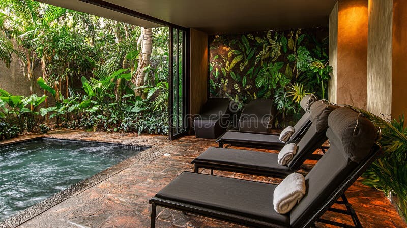 Indoor-outdoor Spa Lounge with Comfy Chairs and Jungle View. Stock ...