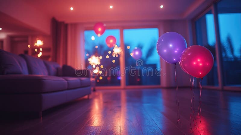 Indoor Party Scene with Balloons, Bokeh Lights, and a Sofa Stock ...
