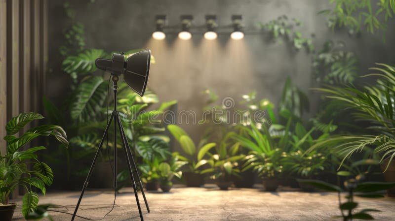 Indoor Photography Studio with Spotlight and Green Plants Stock Image ...
