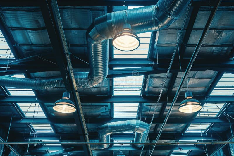 Indoor Pipe Installation with Lighting Equipment on a Ceiling Stock ...