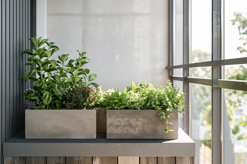 Indoor Plant Arrangement in Concrete Pots on Window Ledge in Modern ...