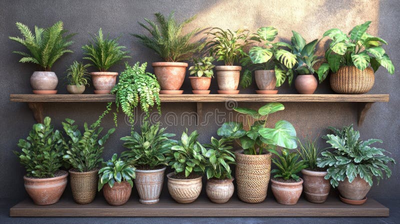 Indoor Plant Display with Assorted Greenery in Rustic Pots on Wooden ...