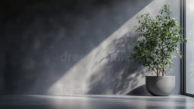 Indoor Plant in Modern Pot Casting Shadows on Wall Stock Image - Image ...