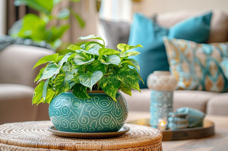 Indoor Plant in a Pot on a Wicker Table in the Living Room Stock ...