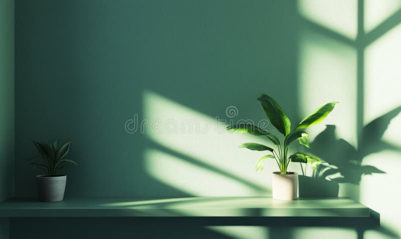 Indoor Plants Casting Shadows on Green Wall in Modern Minimalist ...