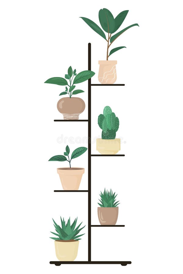 Indoor Plants on the Shelf, Hand Drawn Style, Green Potted Plants ...