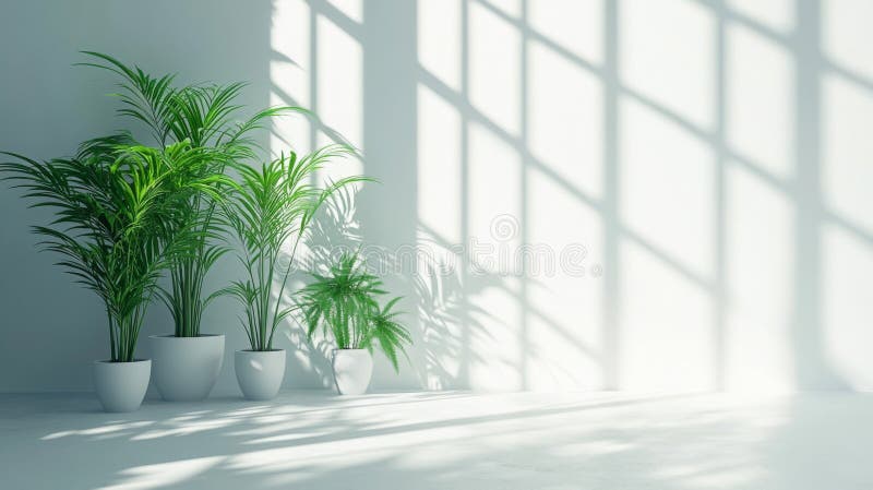 Indoor Plants in White Pots, Sunlight and Shadows Stock Illustration ...