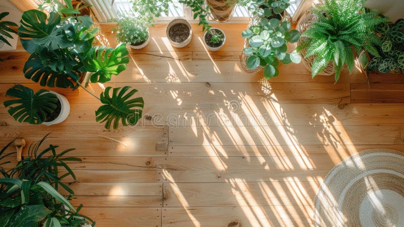Indoor Plants on Wooden Shelves with Sunlight Casting Shadows. Stock ...